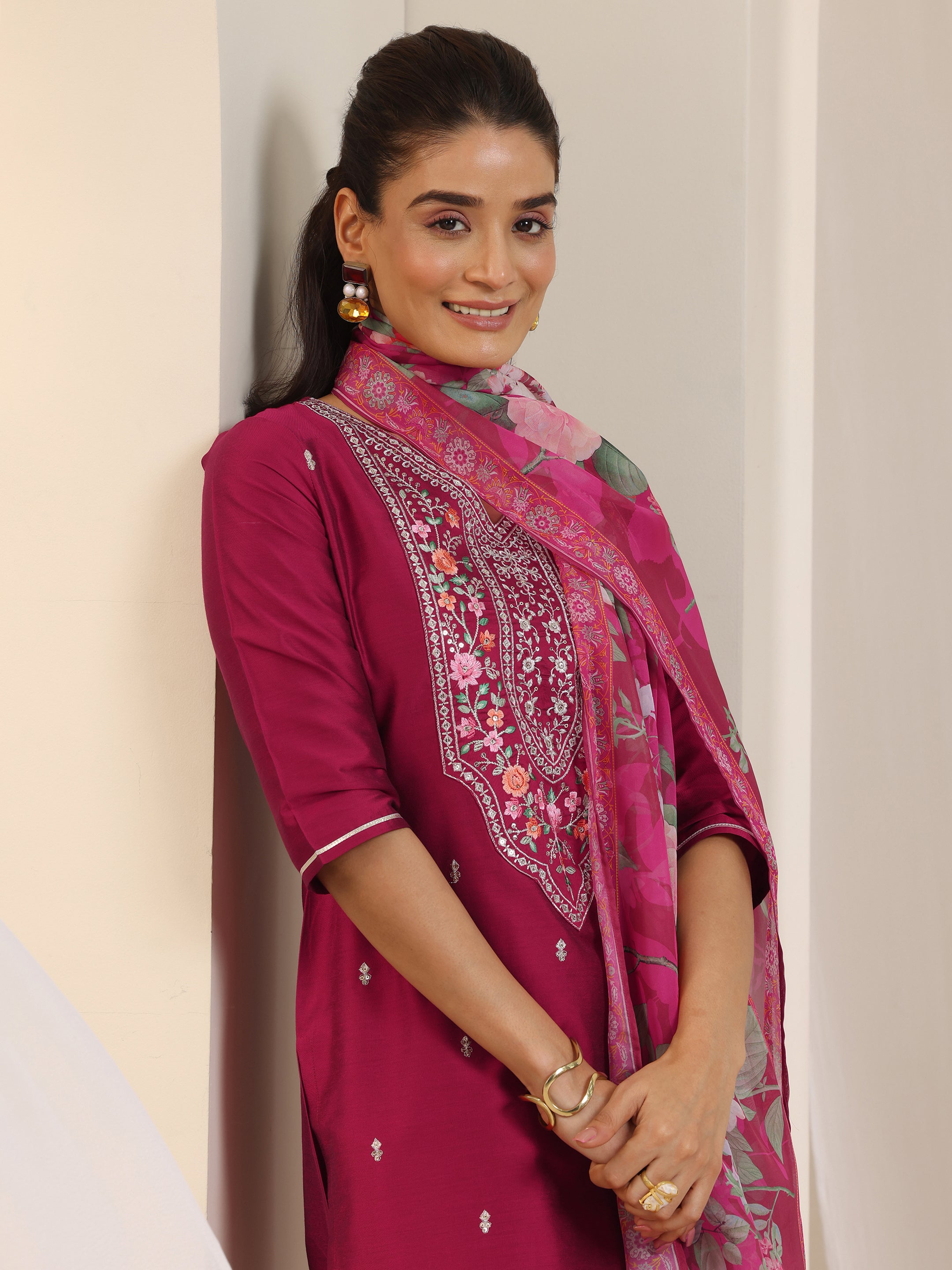 Buy Pink Embroidered Silk Blend Straight Suit Set With Dupatta Online ...