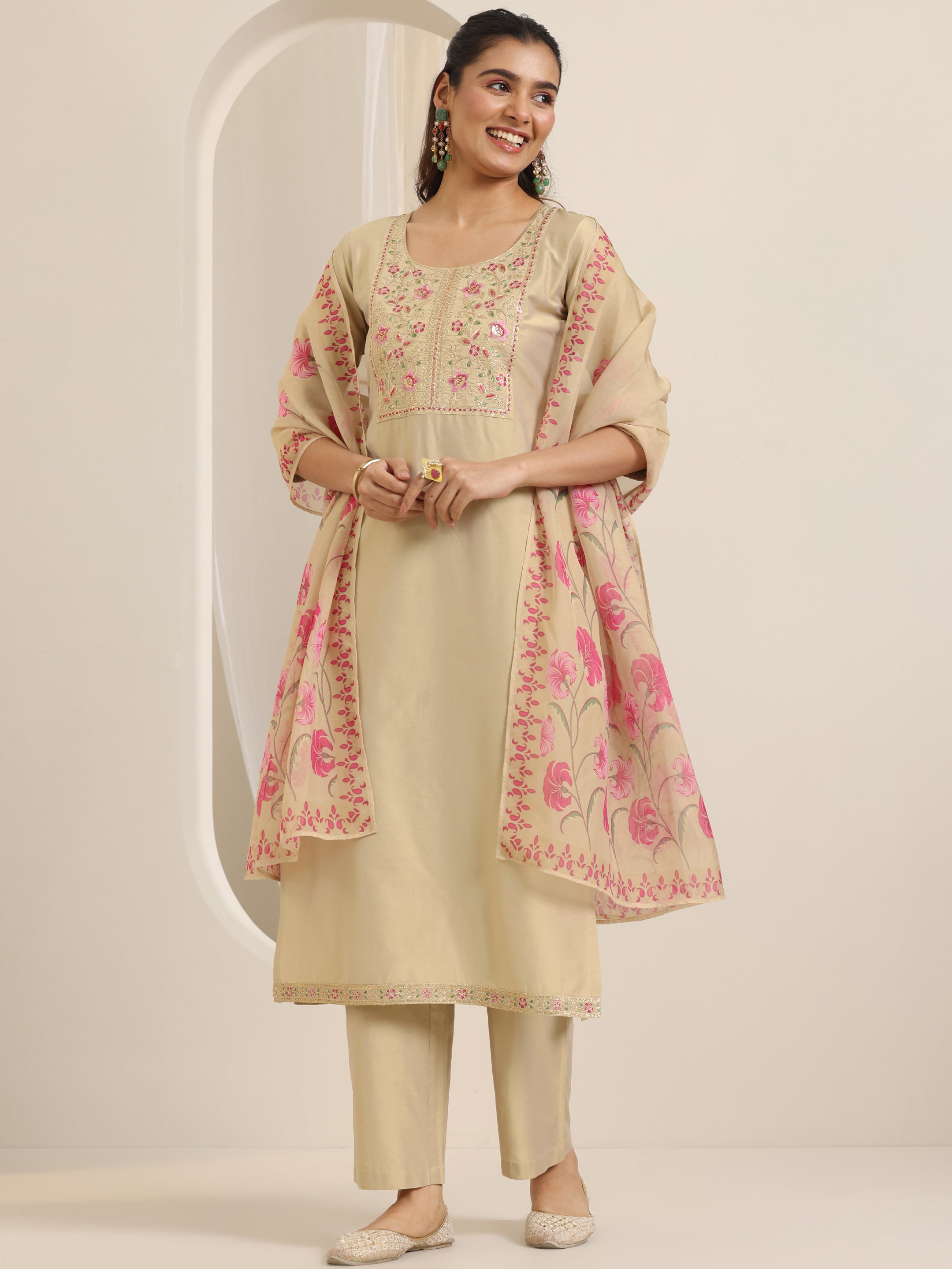 Buy Gold Yoke Design Silk Blend Straight Suit Set With Dupatta Online ...
