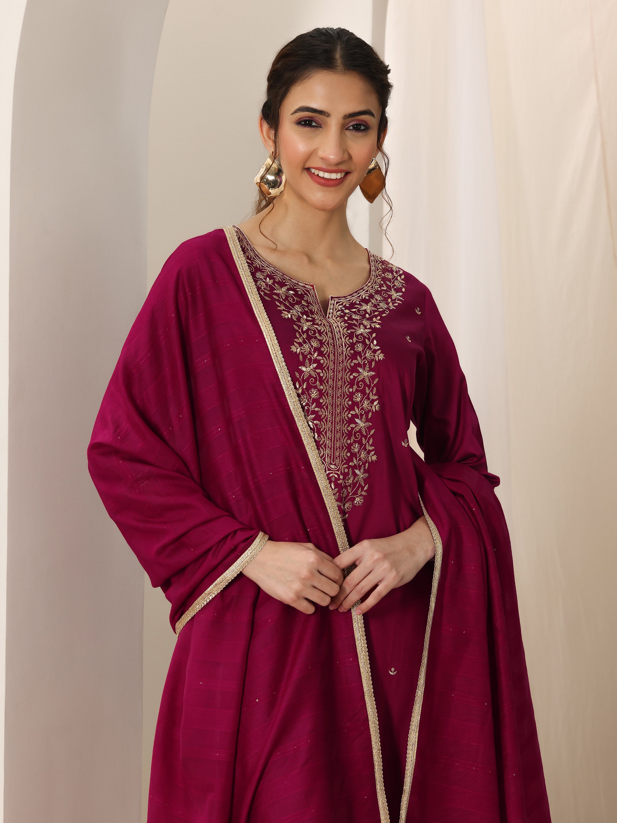 Buy Pink Embroidered Silk Blend Straight Suit Set With Dupatta Online ...