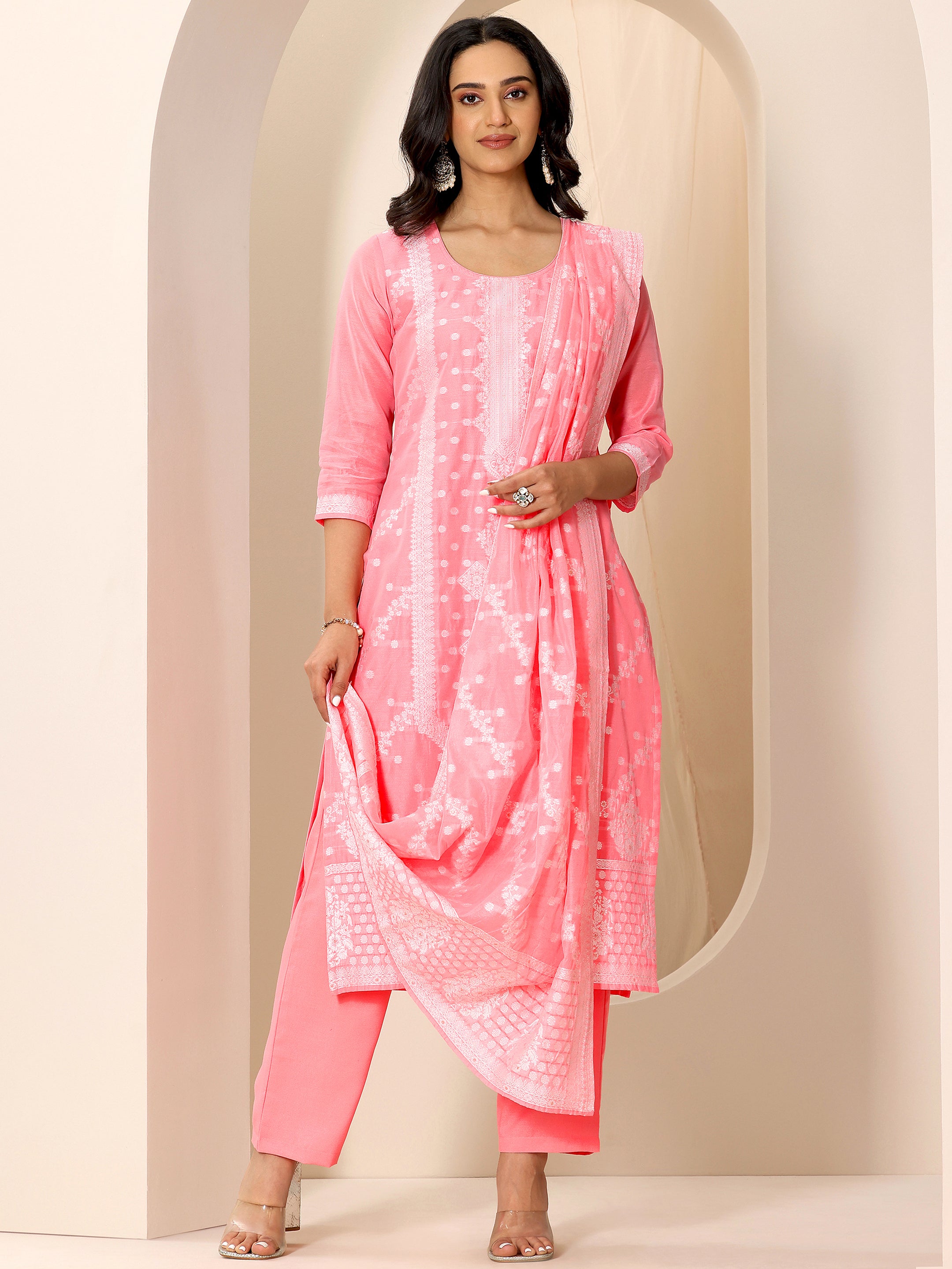 Buy Pink Woven Design Chanderi Silk Straight Suit Set With Dupatta ...
