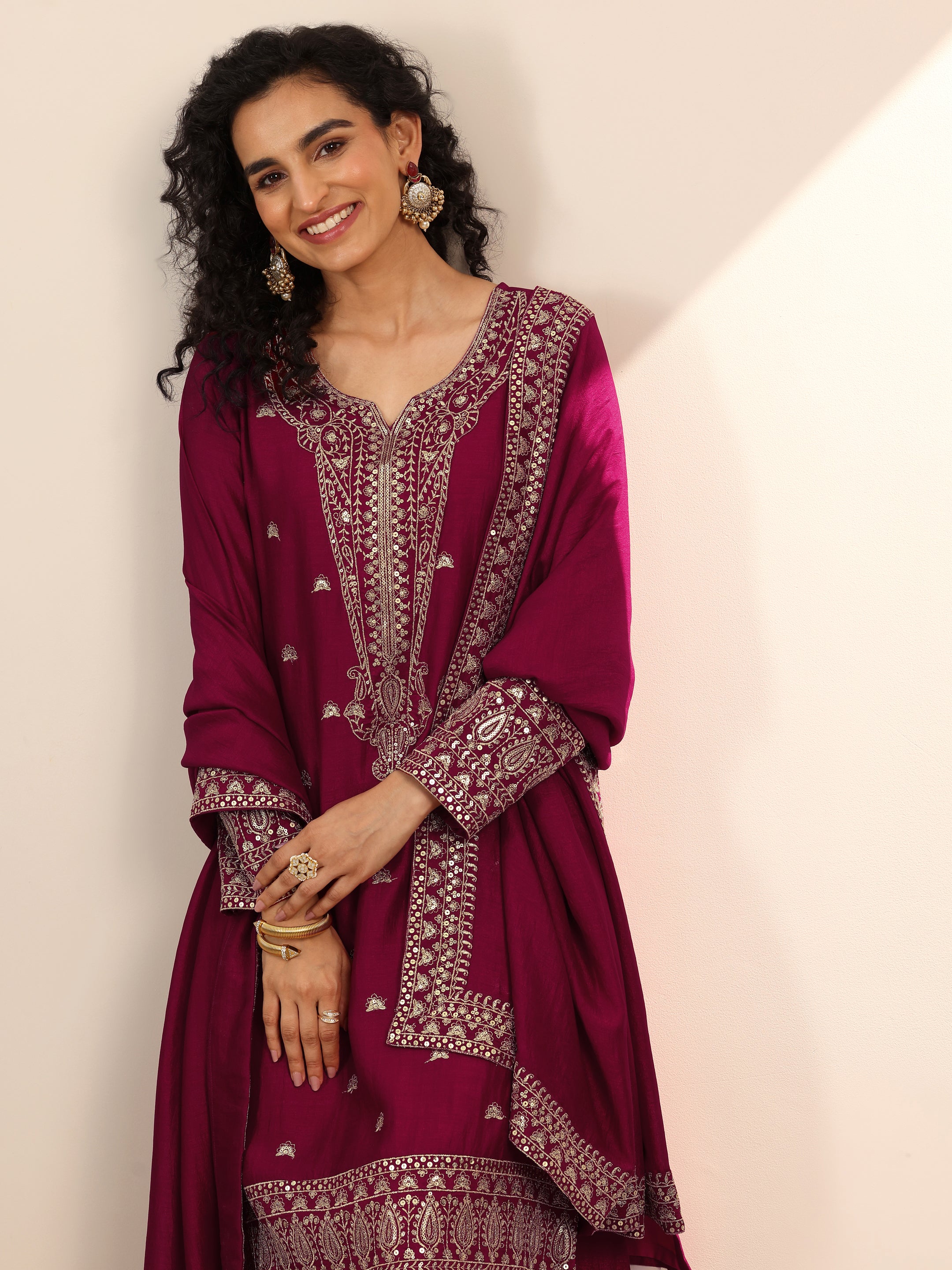 Buy Libas Art Pink Embroidered Silk Blend Straight Suit Set With ...