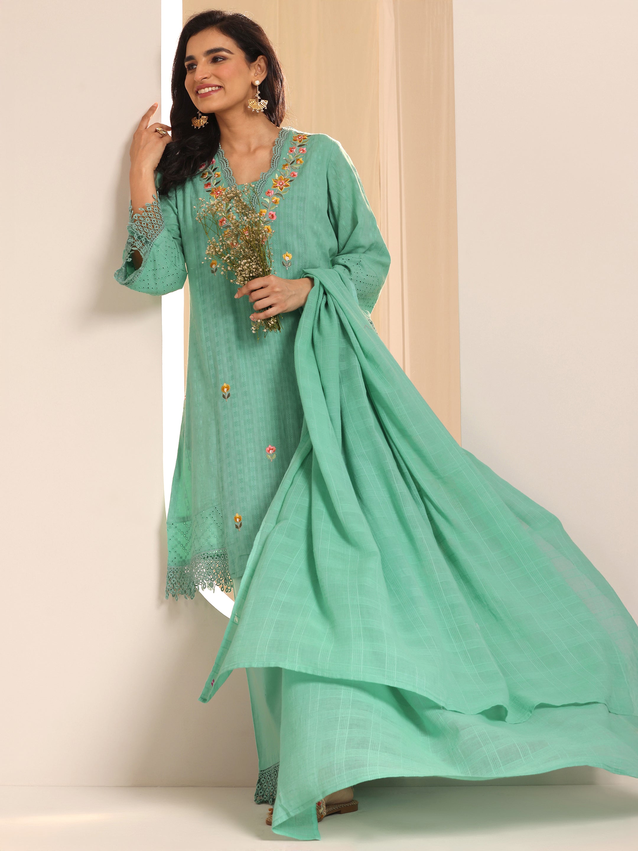 Buy Green Embroidered Cotton Straight Suit Set With Dupatta Online at ...