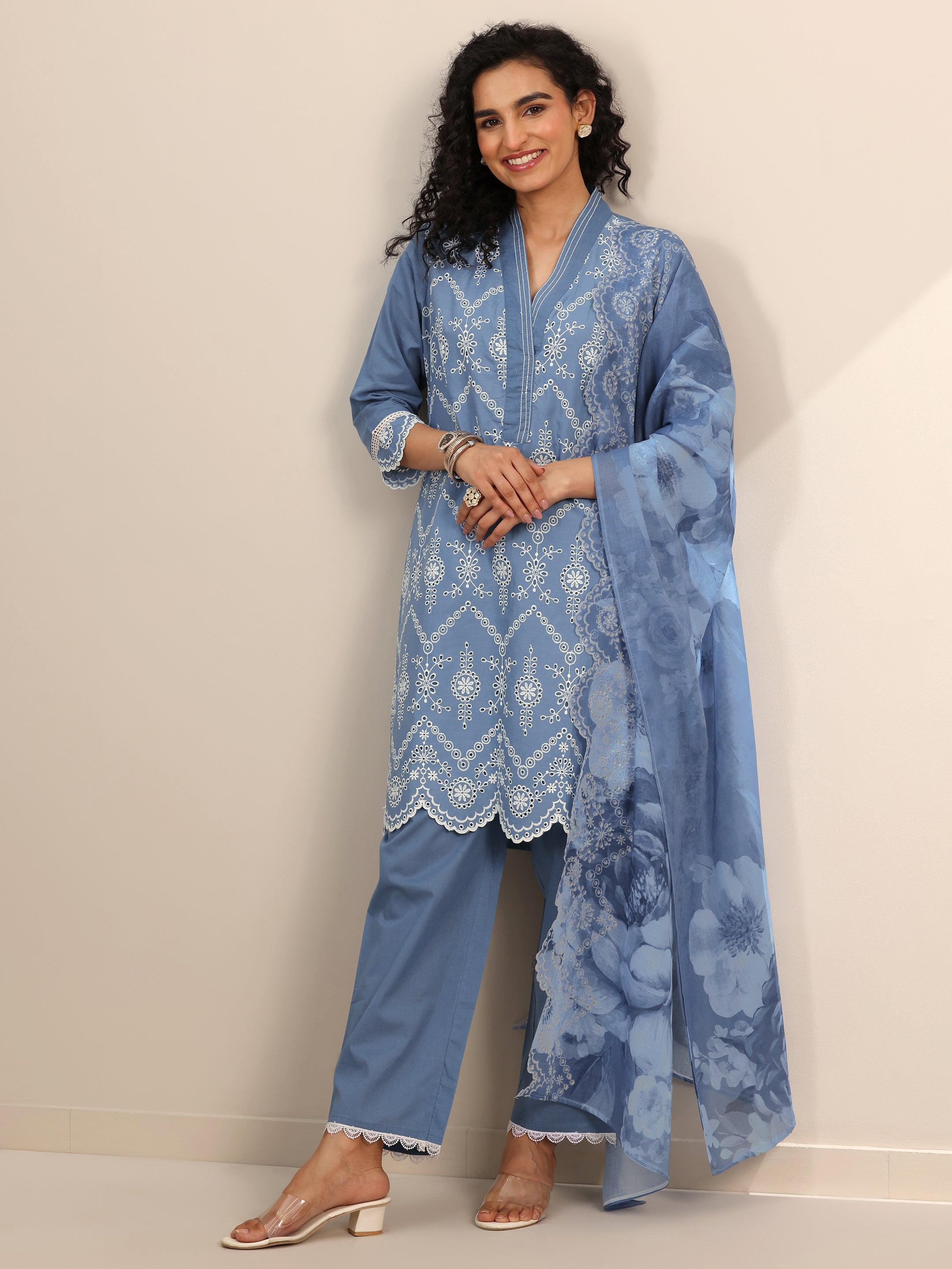 Buy Blue Embroidered Cotton Straight Suit Set With Dupatta Online at ...