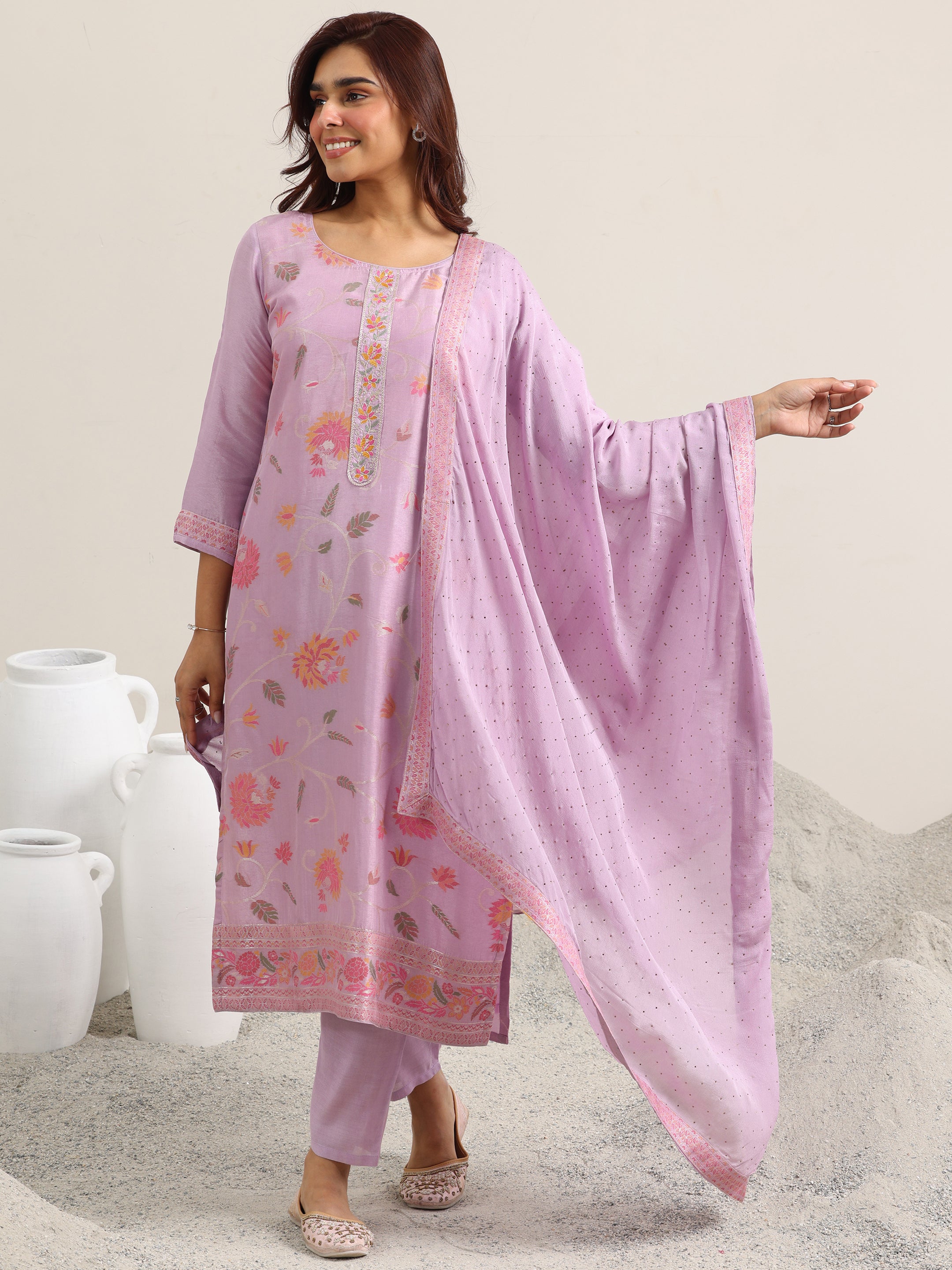Buy Lavender Woven Design Silk Blend Straight Suit With Dupatta Online ...