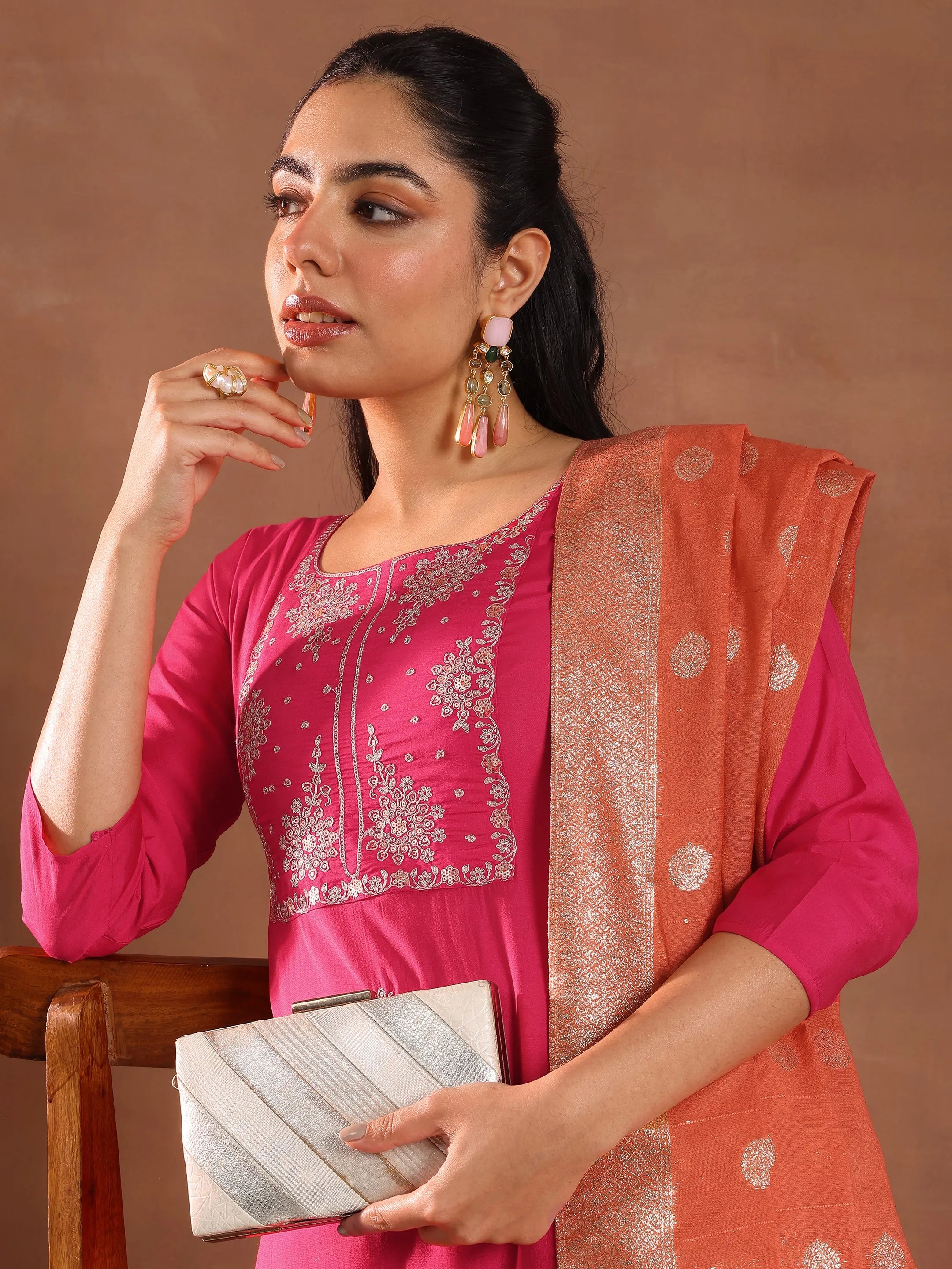 Buy Pink Embroidered Silk Blend Straight Suit With Dupatta Online at ...