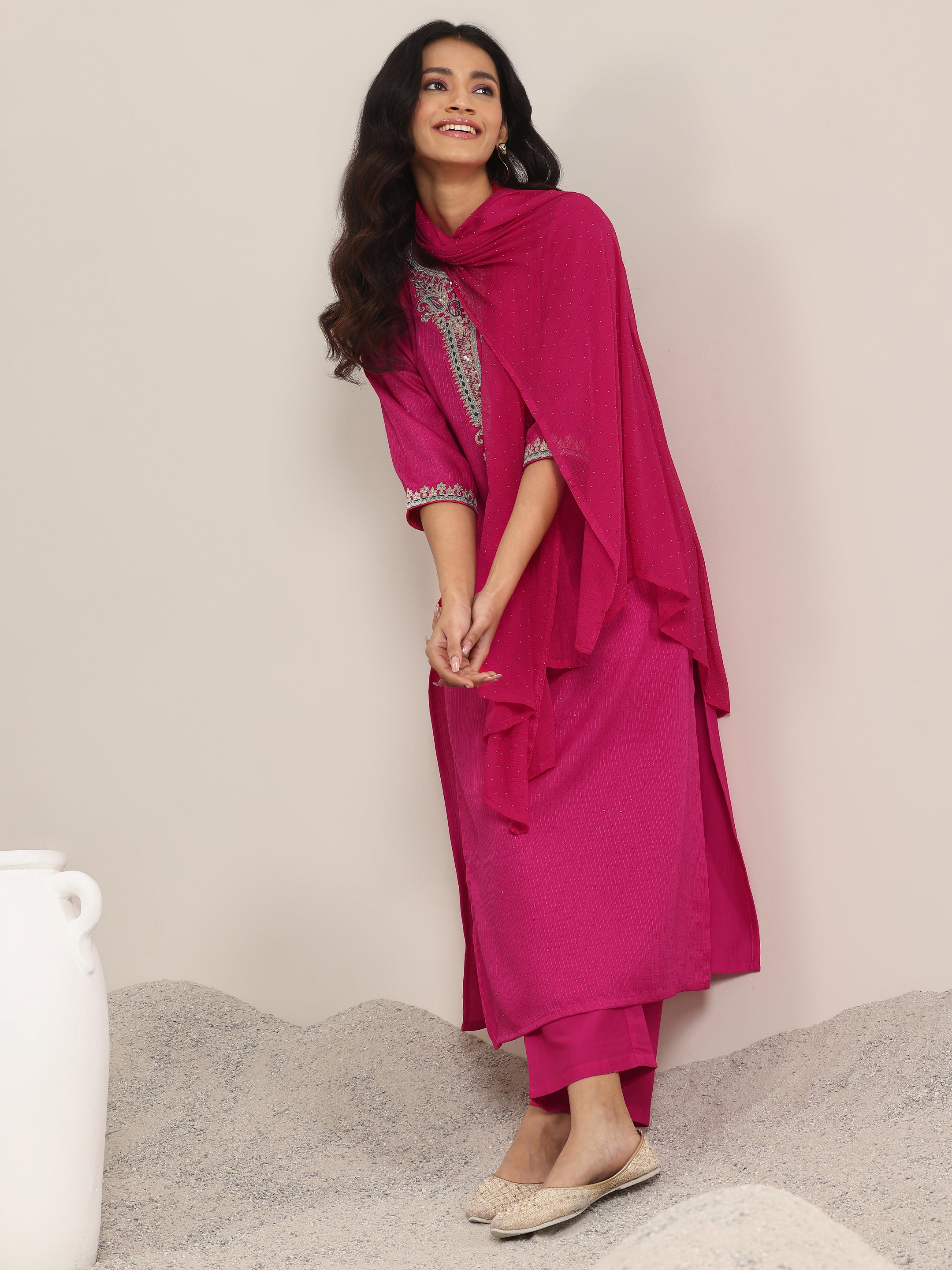 Buy Pink Yoke Deisgn Silk Blend Straight Suit With Dupatta Online at ...
