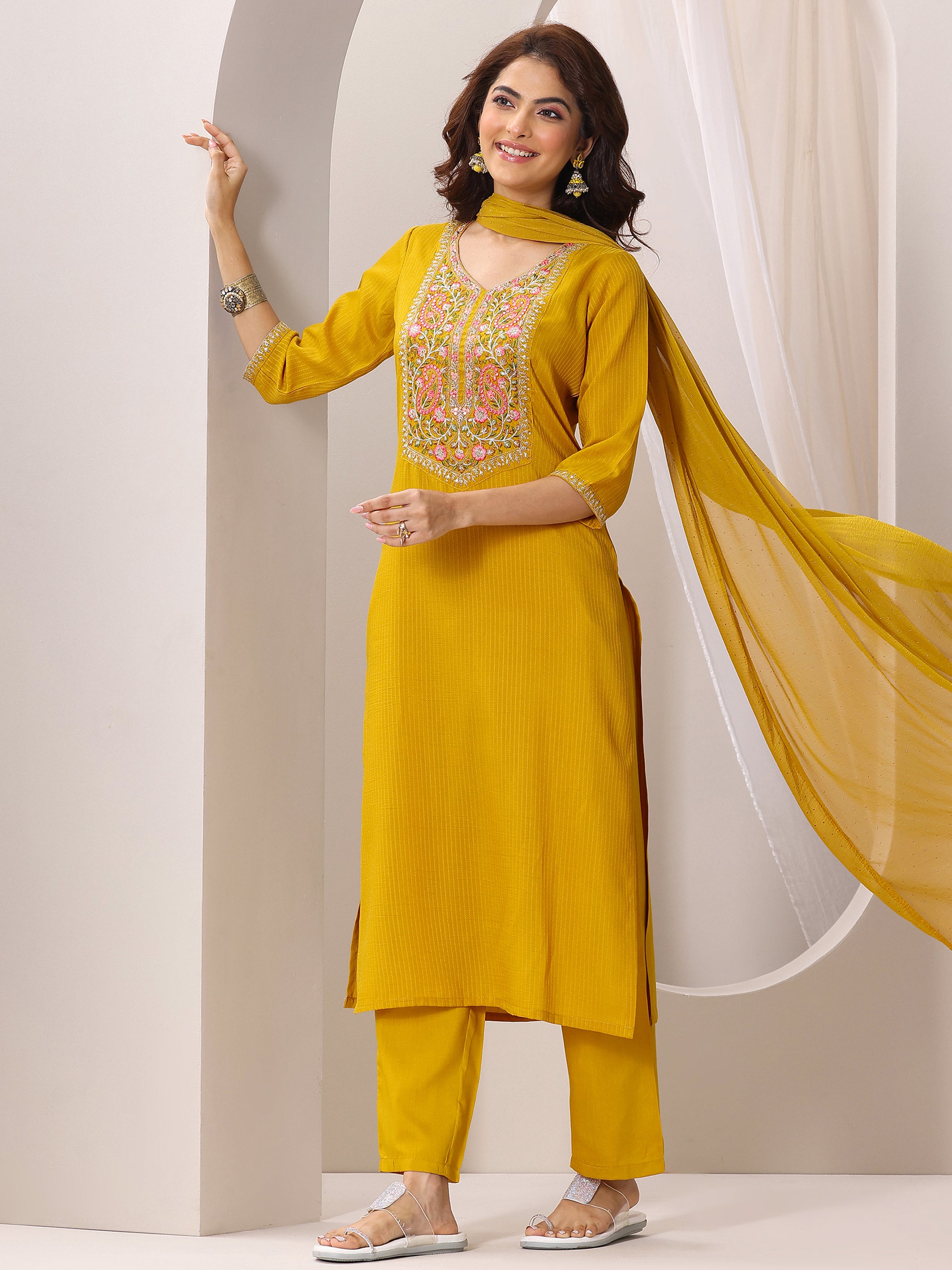 Buy Yellow Yoke Design Silk Blend Straight Suit Set With Dupatta Online ...