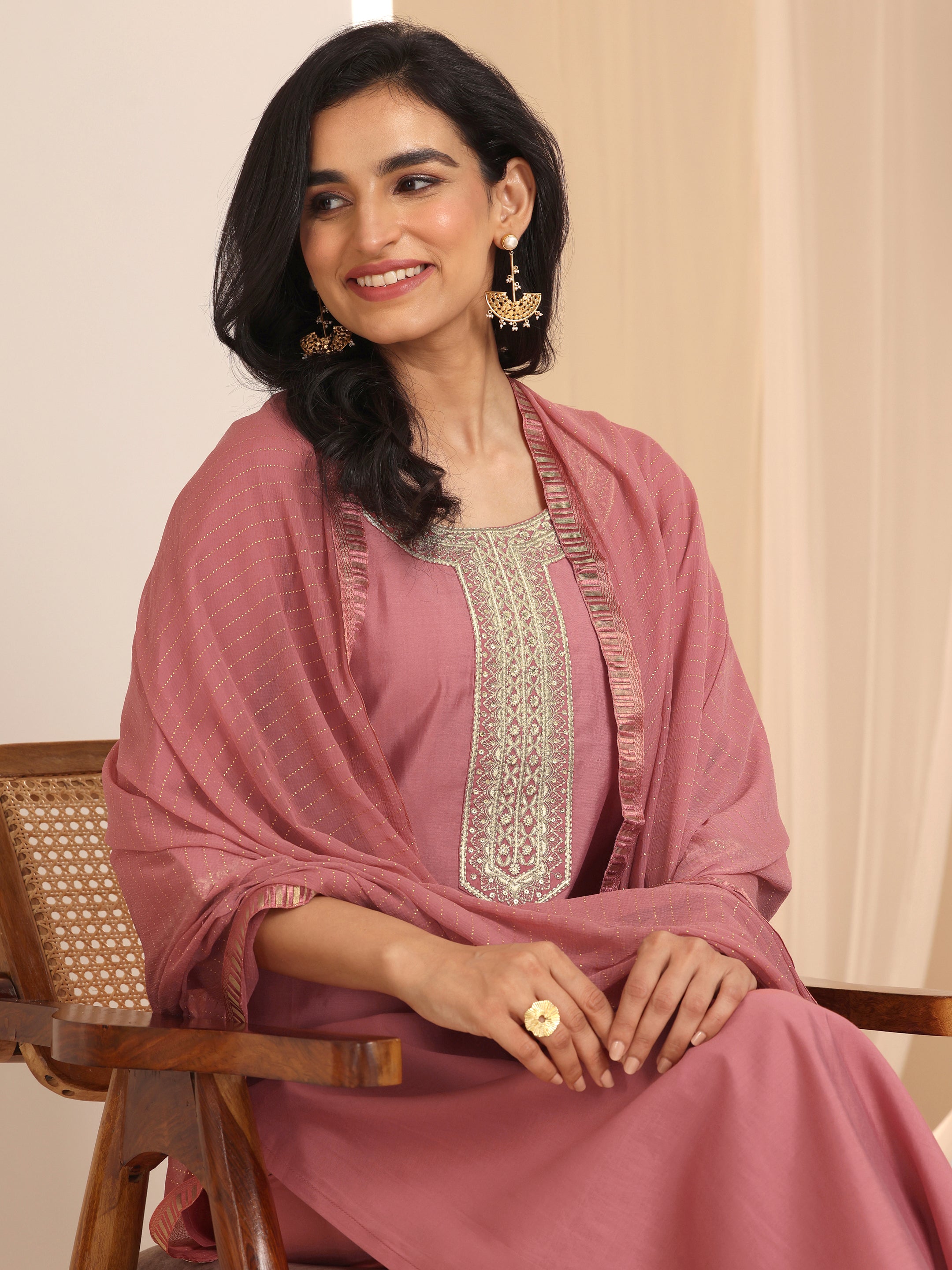 Buy Peach Yoke Design Silk Blend Straight Suit Set With Dupatta Online ...