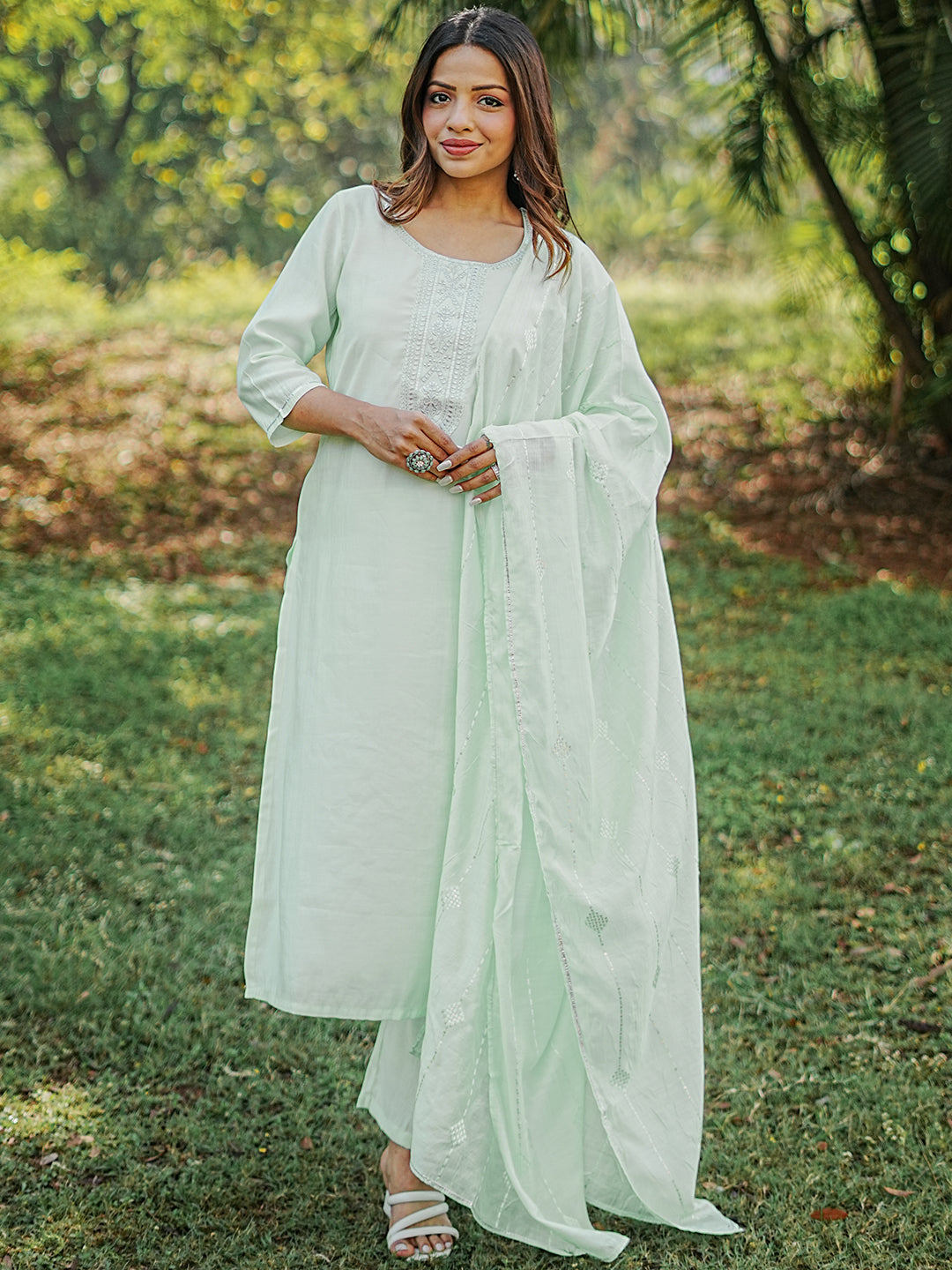 Buy Green Yoke Design Silk Blend Straight Suit With Dupatta Online at ...