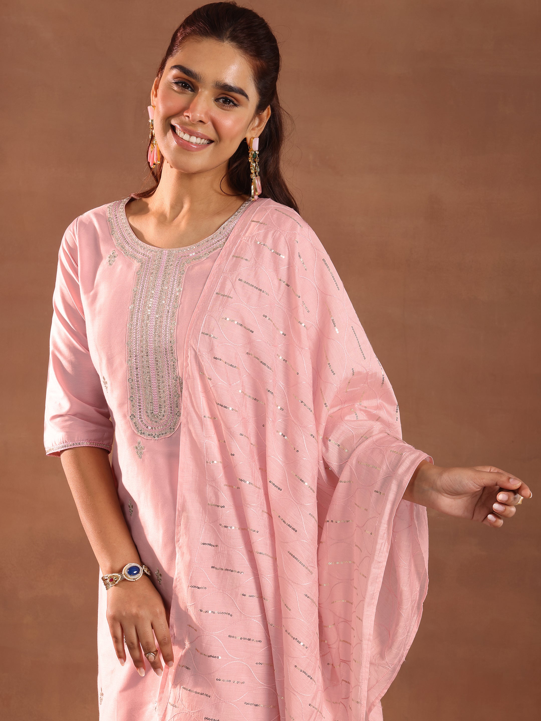 Buy Pink Embroidered Silk Blend Straight Suit Set With Dupatta Online ...