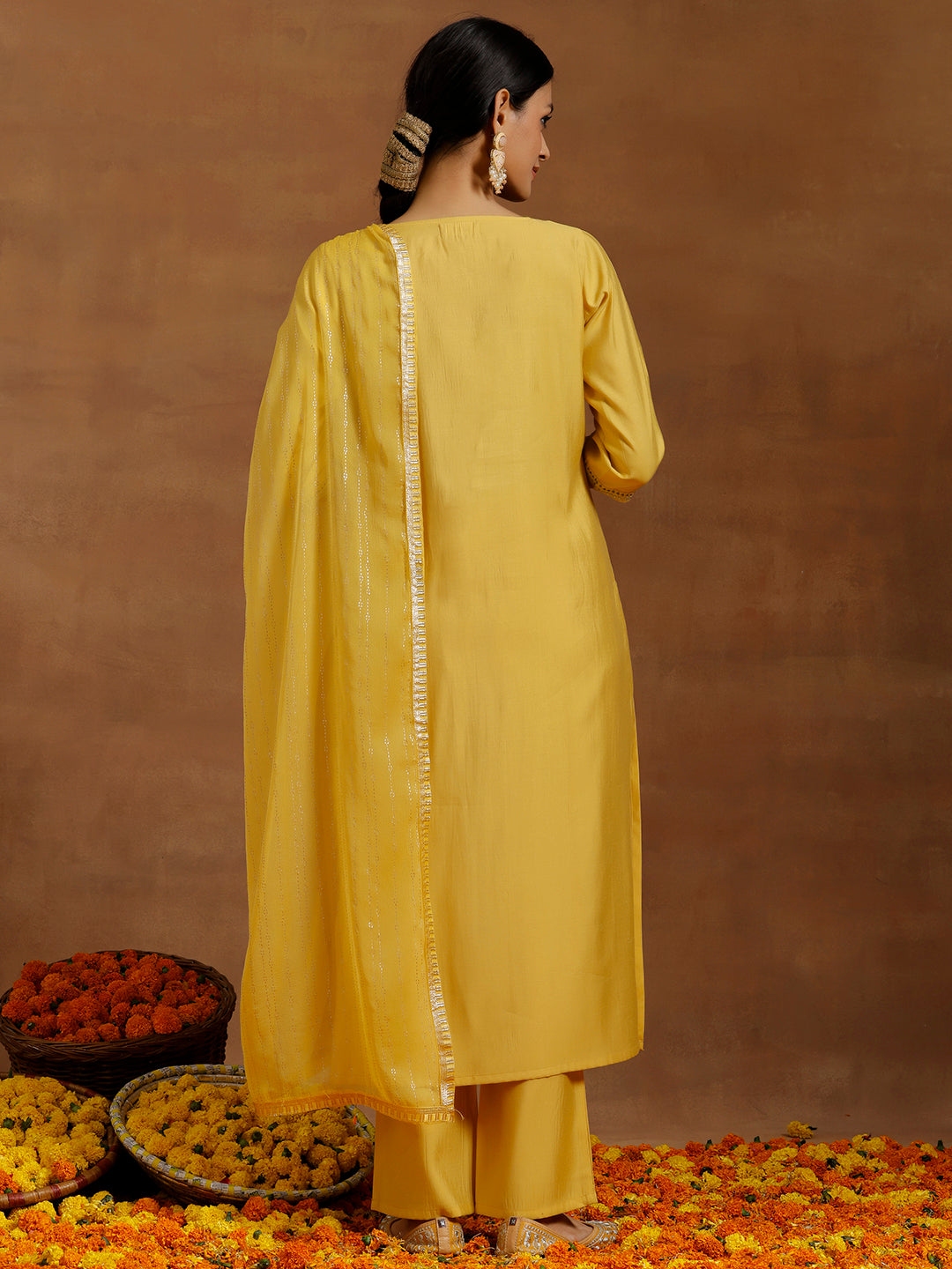 Buy Yellow Yoke Design Silk Blend Straight Suit With Dupatta Online at ...