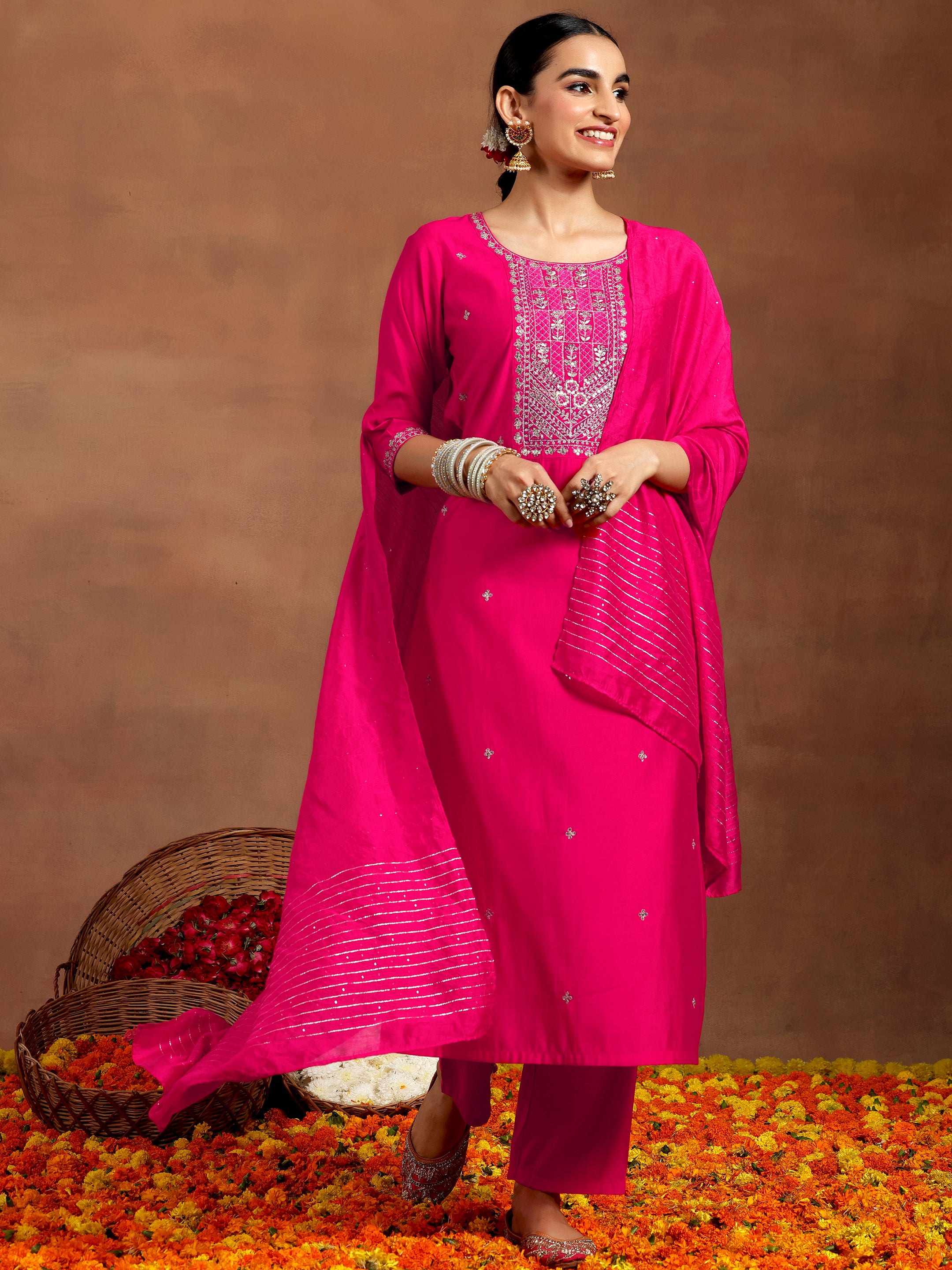 Buy Pink Embroidered Silk Blend Straight Suit With Dupatta Online at ...