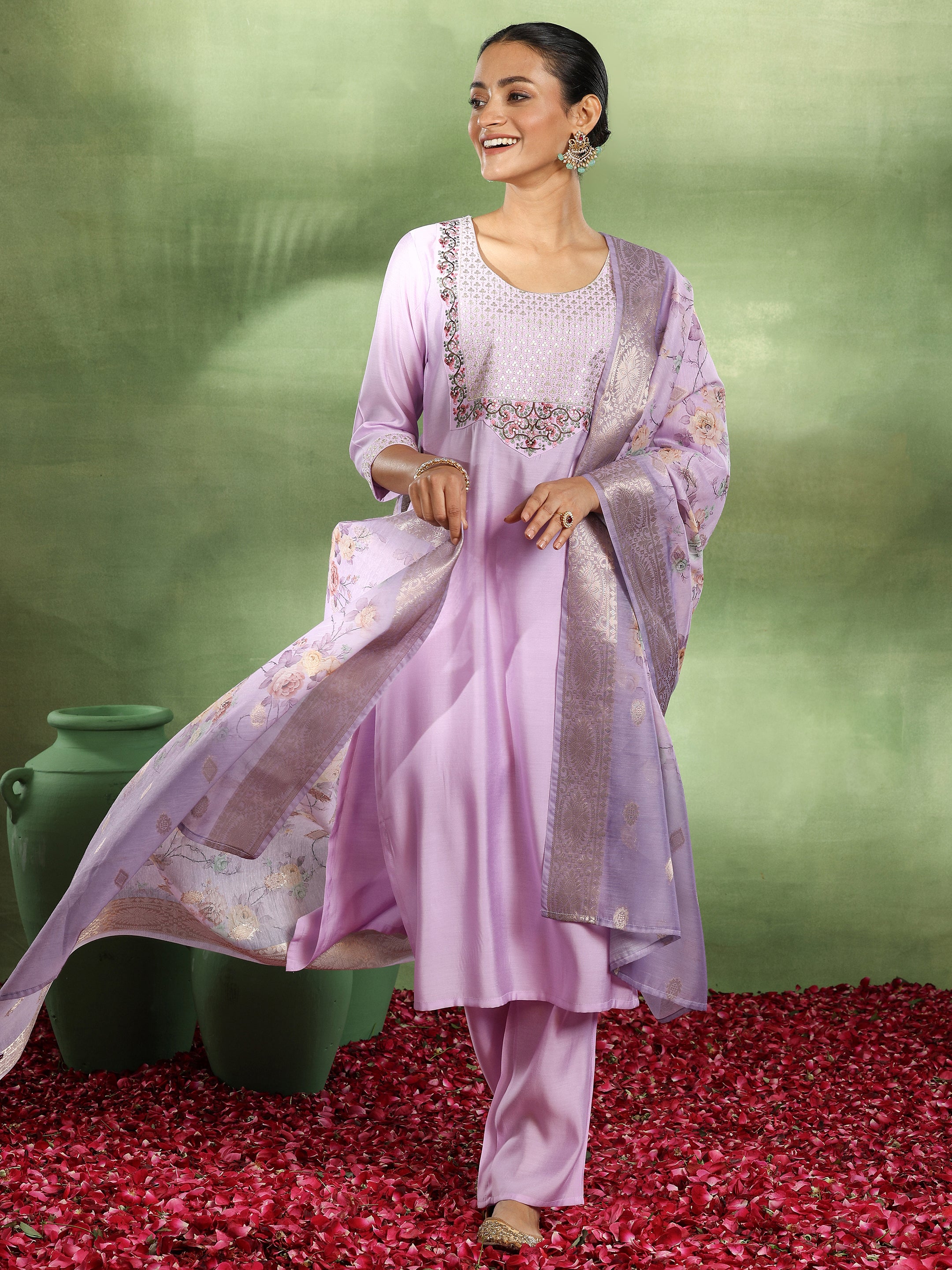 Buy Lavender Yoke Design Silk Blend Straight Suit With Dupatta Online ...