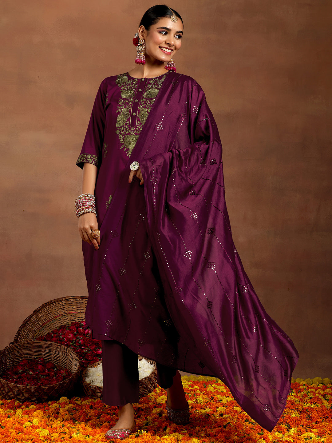 Buy Burgundy Yoke Design Silk Blend Straight Suit With Dupatta Online ...