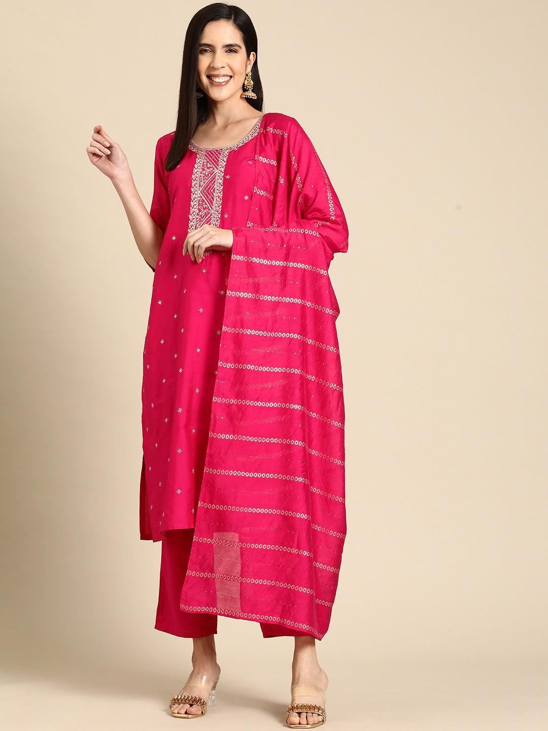 Buy Pink Yoke Design Silk Blend Straight Suit With Dupatta Online at ...