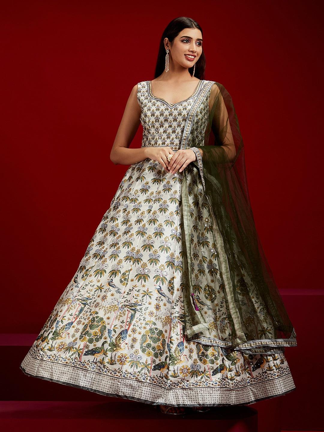 Buy Libas Art Off White Printed Silk Gown With Dupatta Online at Rs.84 ...
