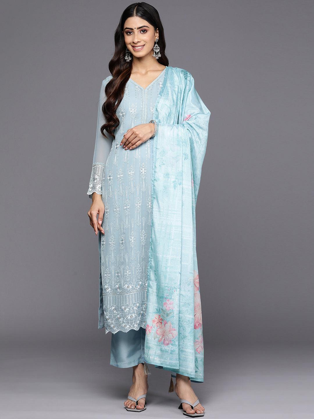 Buy Blue Embroidered Georgette Straight Suit Set With Trousers Online ...