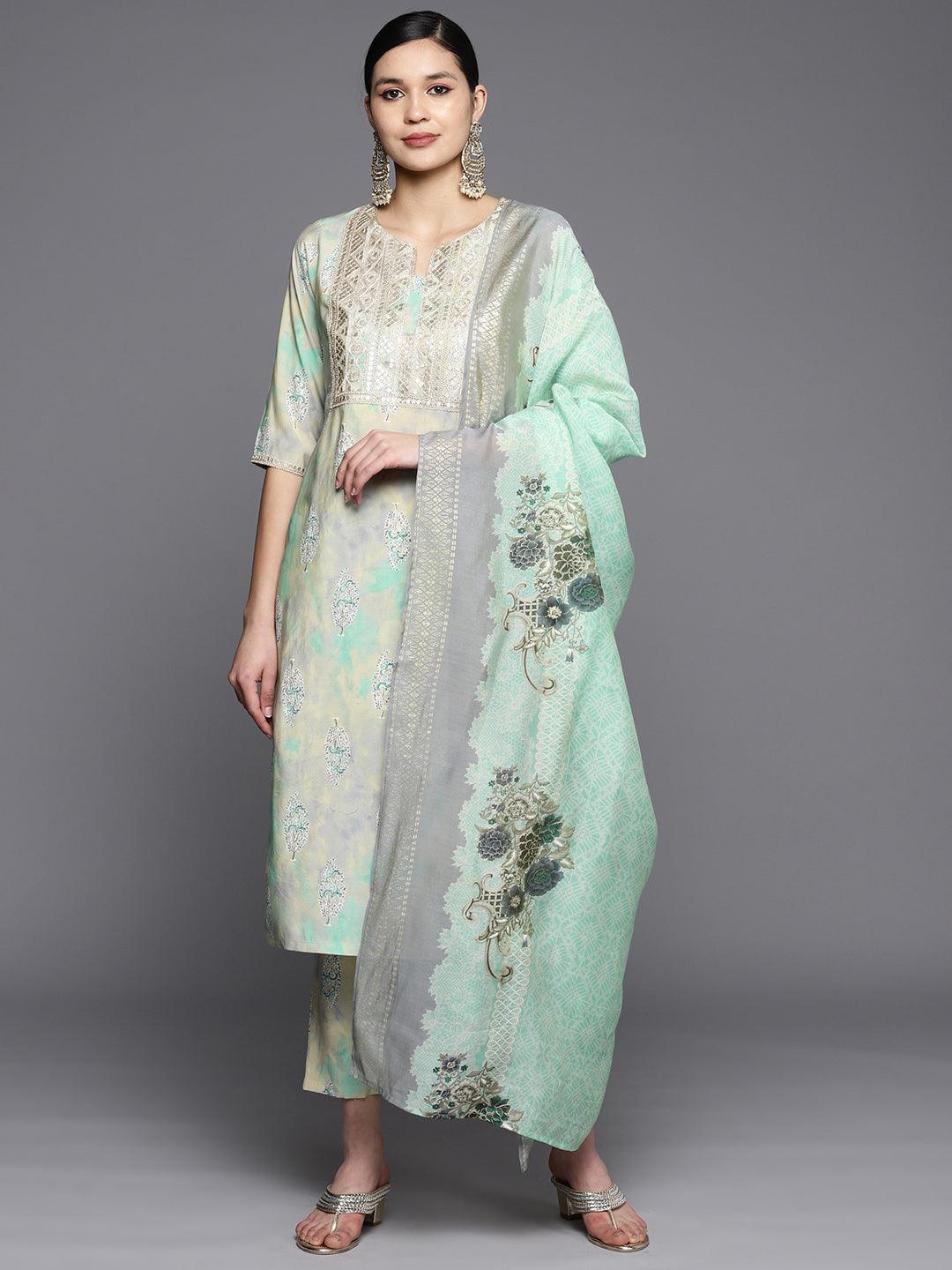 Buy Green Yoke Design Silk Blend Straight Suit Set With Trousers Online ...