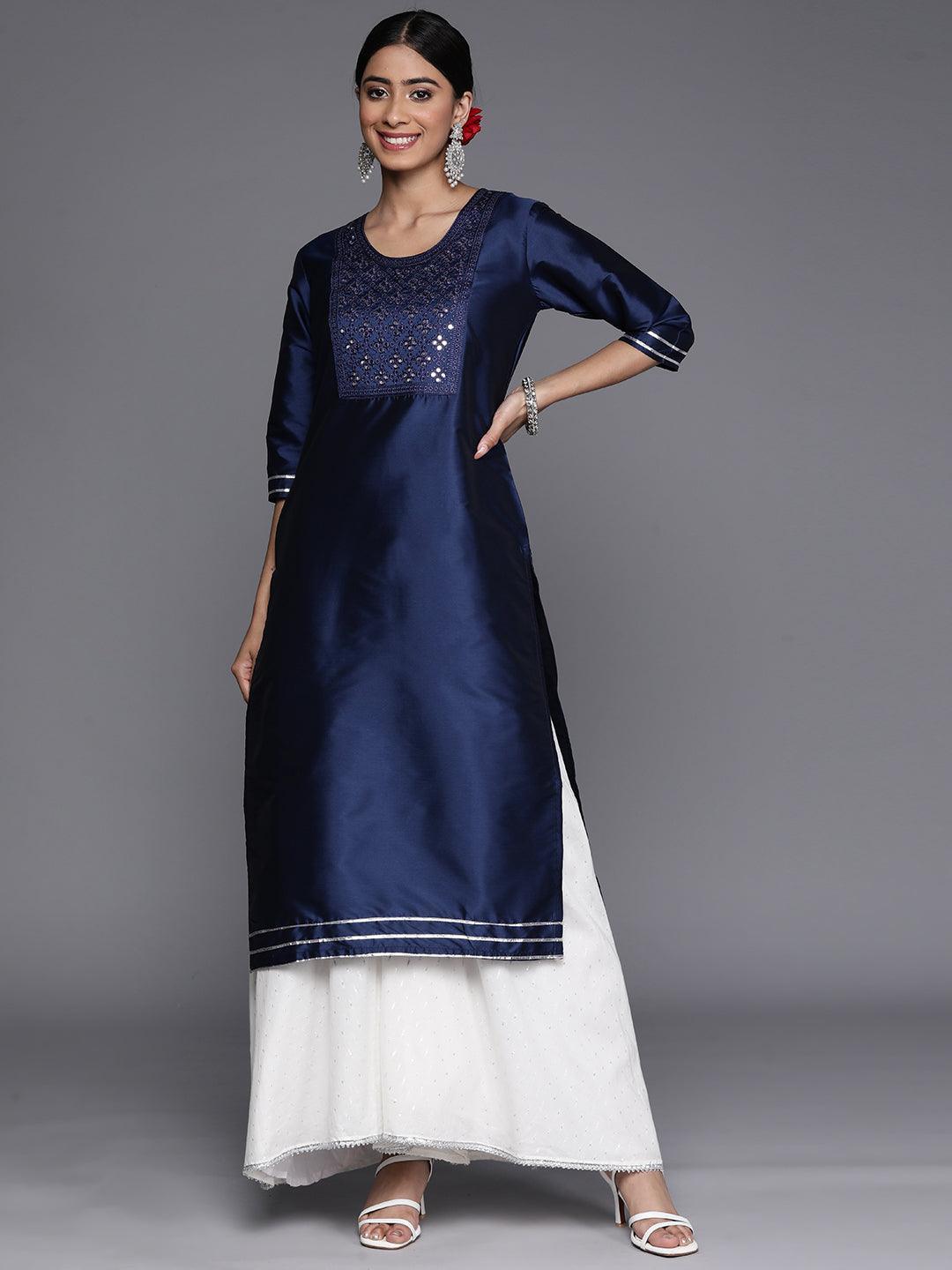 Buy Navy Blue Yoke Design Silk Straight Kurta Online at $ 15.00 USD | Libas