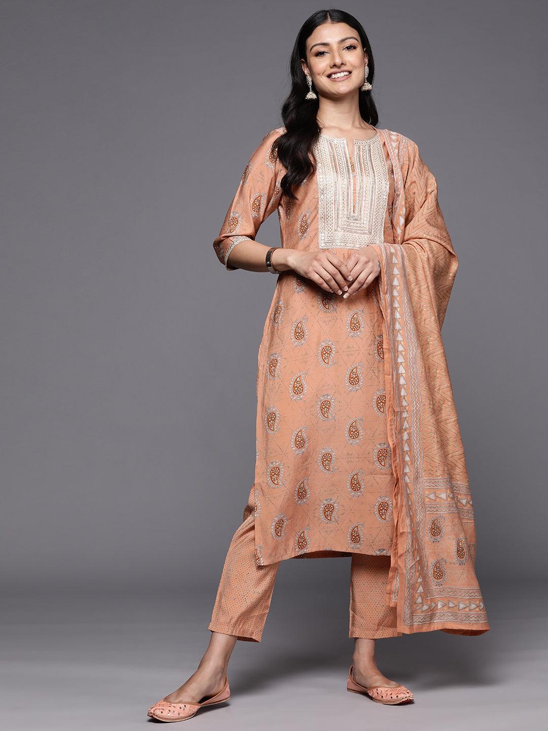 Buy Peach Yoke Design Silk Blend Straight Suit Set With Trousers Online ...