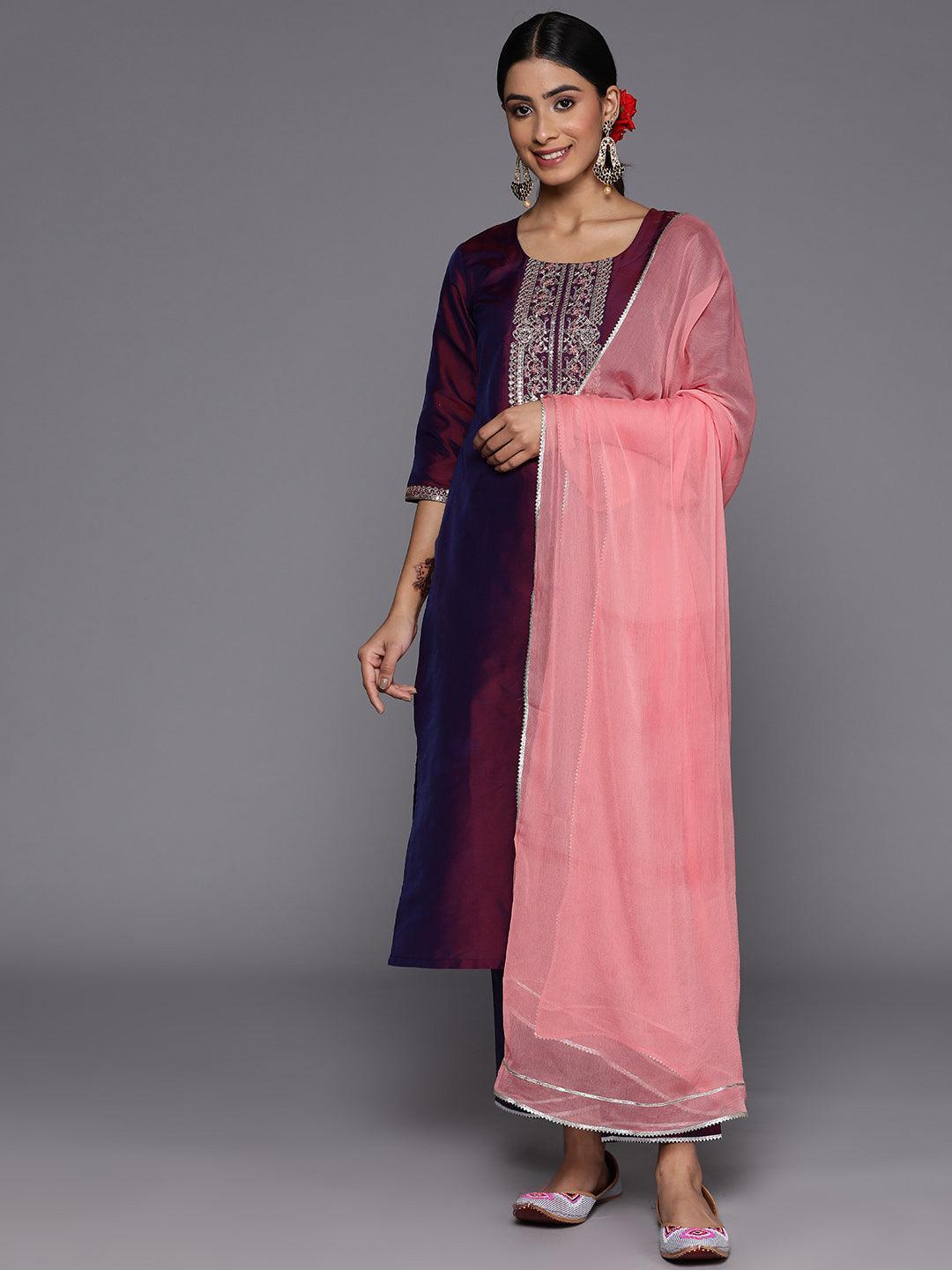 Buy Purple Yoke Design Silk Blend Suit Set With Trousers Online at $32. ...