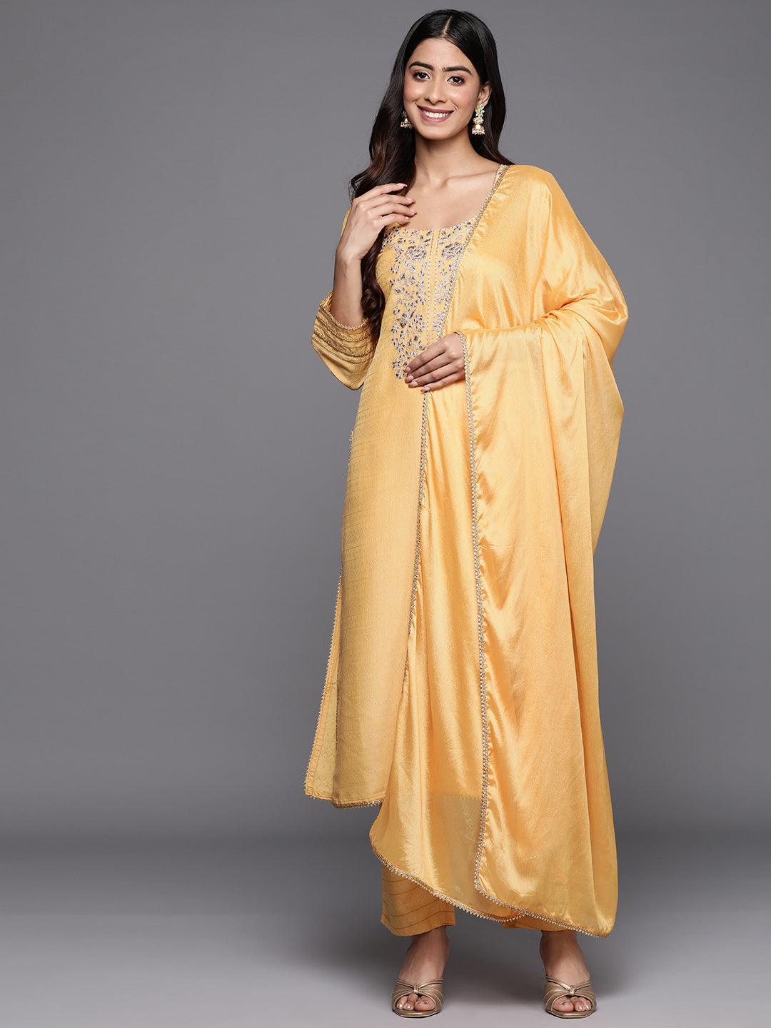 Buy Yellow Yoke Design Silk Blend Straight Suit Set With Trousers ...